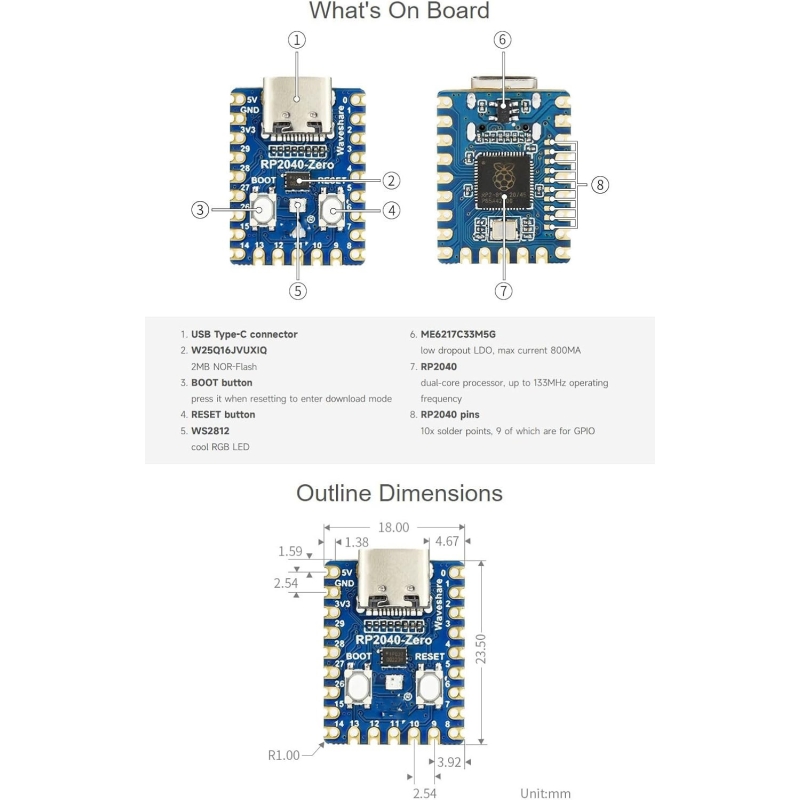 برد توسعه RP2040-Zero دارای ورودی USB Type-C